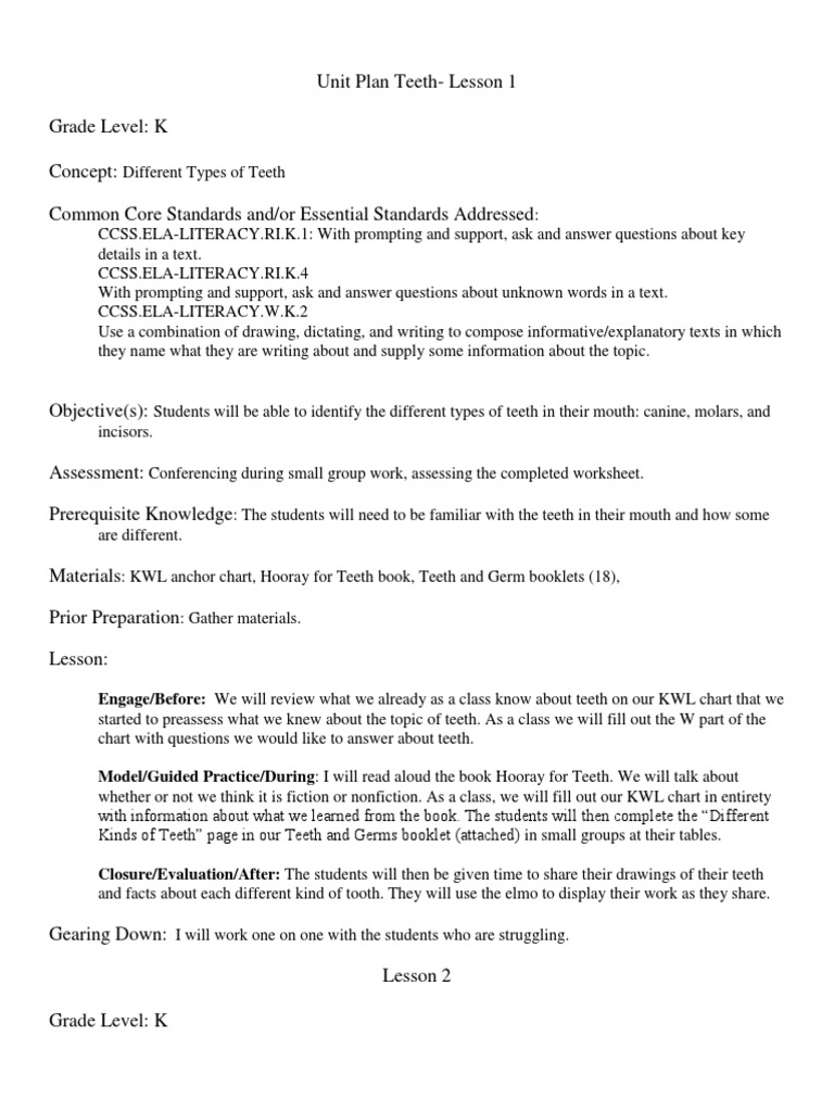 Unit Plan Teeth-Lesson 1 Grade Level: K Concept: Common Core Standards ...