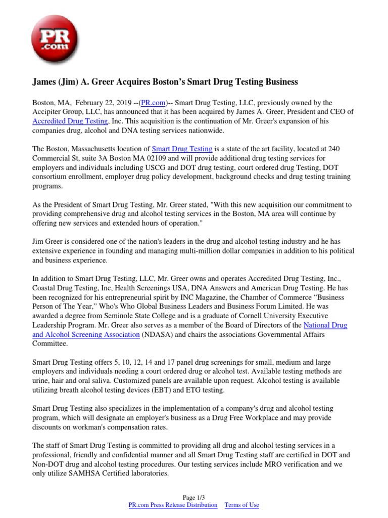 James (Jim) A. Greer Acquires Boston's Smart Drug Testing Business ...