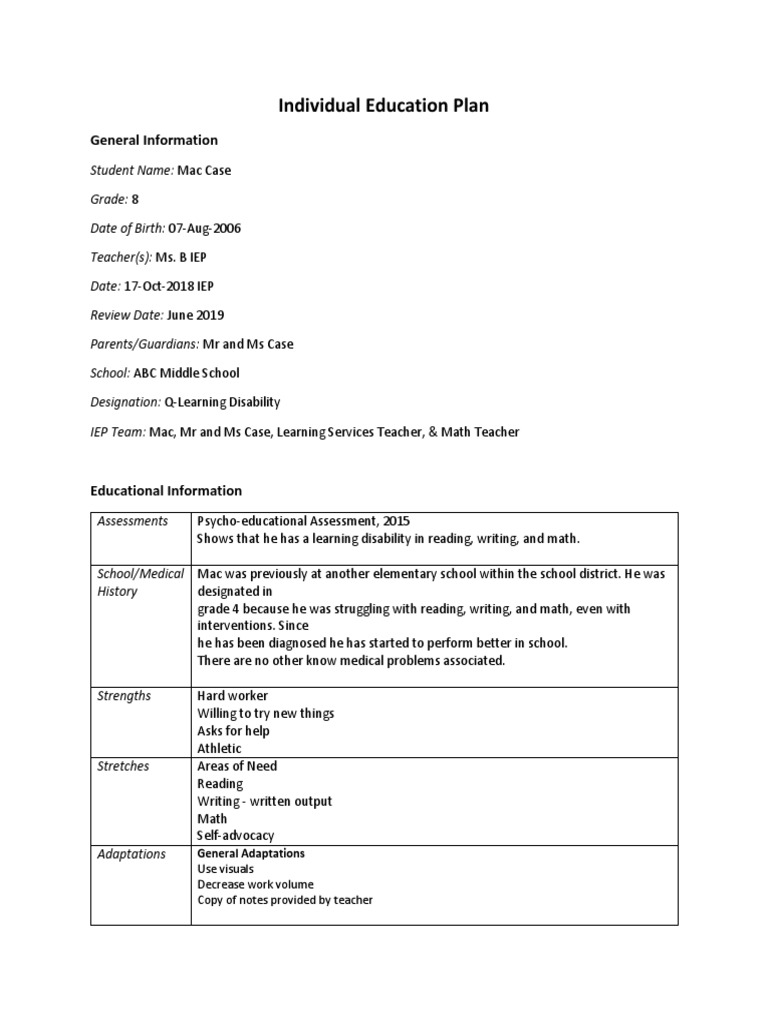 IEP for Mac Case: Learning Disability Support | PDF | Individualized ...