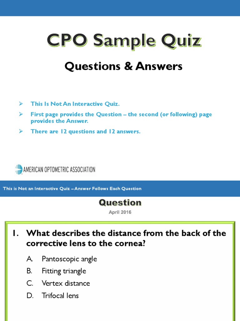 CPO Sample Quiz - Questions and Answers PDF | PDF | Optics | Eye