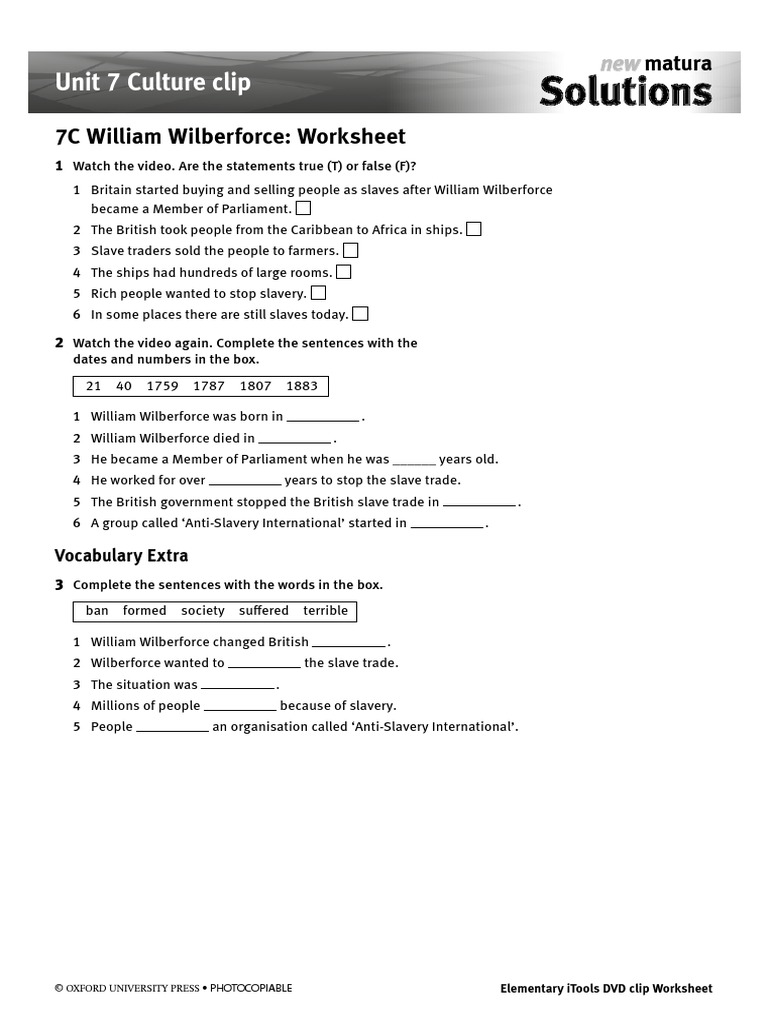 7C Wilberforce - Worksheet, Answers, Script | PDF | Unfree Labour | Slavery