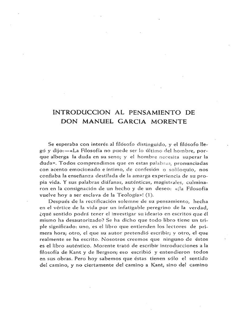Introduccion Al Pensamiento de Don Manuel Garcia Morente PDF | PDF