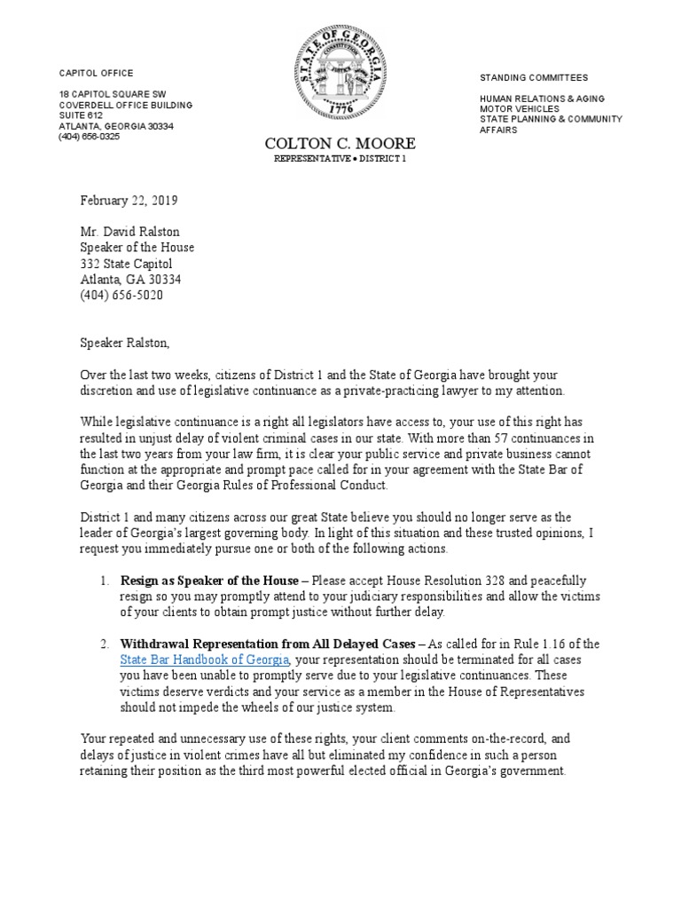Rep. Colton Moore Speaker Resignation Letter | PDF | Judicial ...
