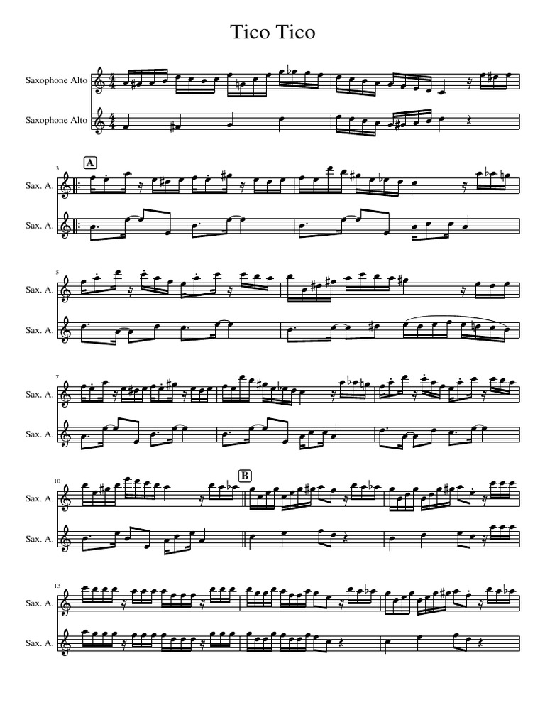 Musical score for alto saxophone featuring the song "Tico Tico | PDF | Alto Saxophone | Saxophone