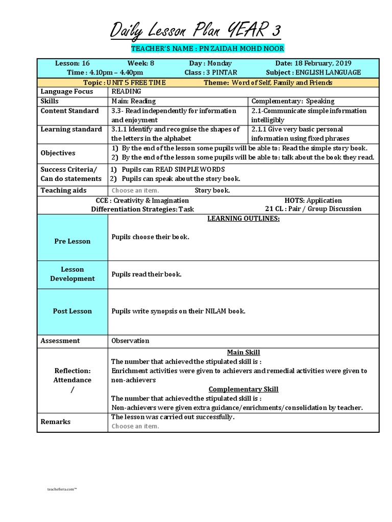 Daily Lesson Plan YEAR 3: Teacher'S Name: PN Zaidah Mohd Noor | PDF ...