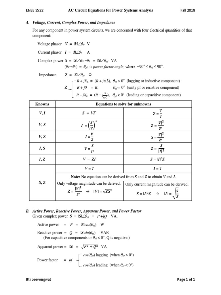 Power Equation Sheet | Download Free PDF | Ac Power | Electrical Impedance