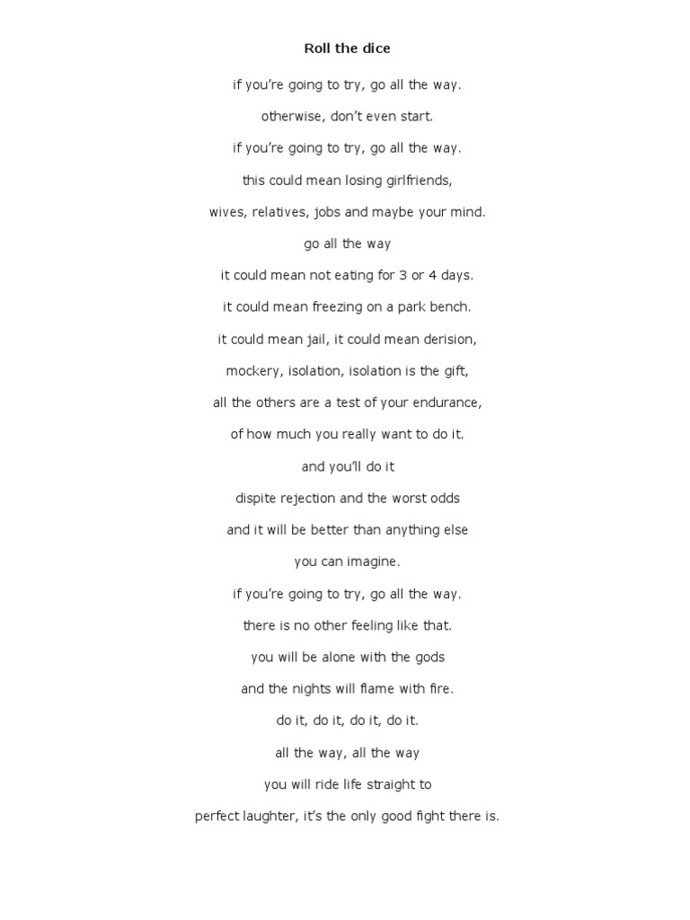 Roll The Dice - Bukowski | PDF | Leisure