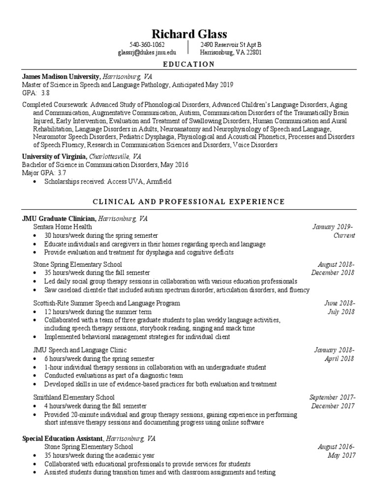 Richard Glass Resume 2019 | PDF | Speech Language Pathology | Speech