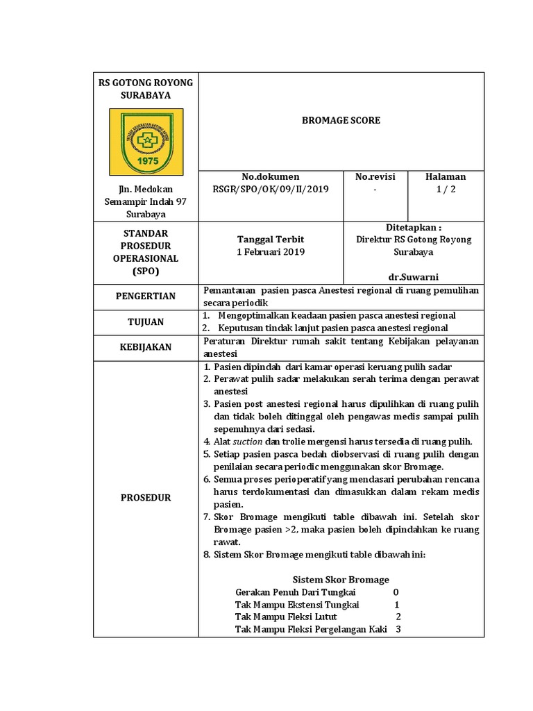 Prosedur Penilaian Skor Bromage | PDF