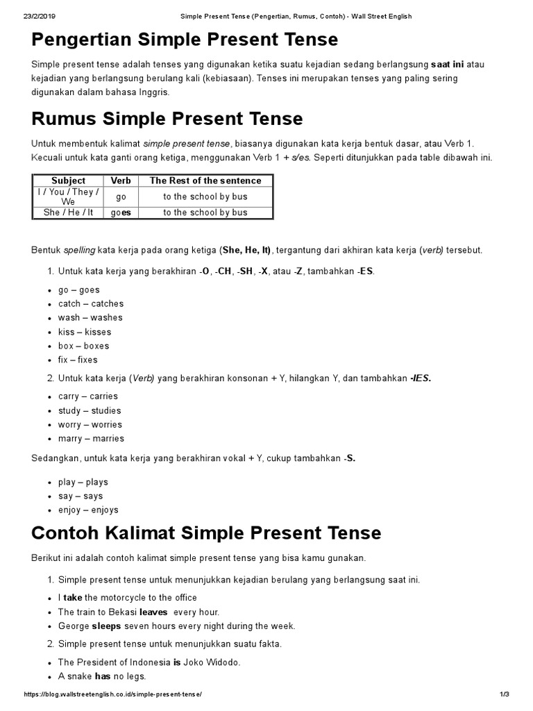 Simple Present Tense (Pengertian, Rumus, Contoh) - Wall Street English | PDF