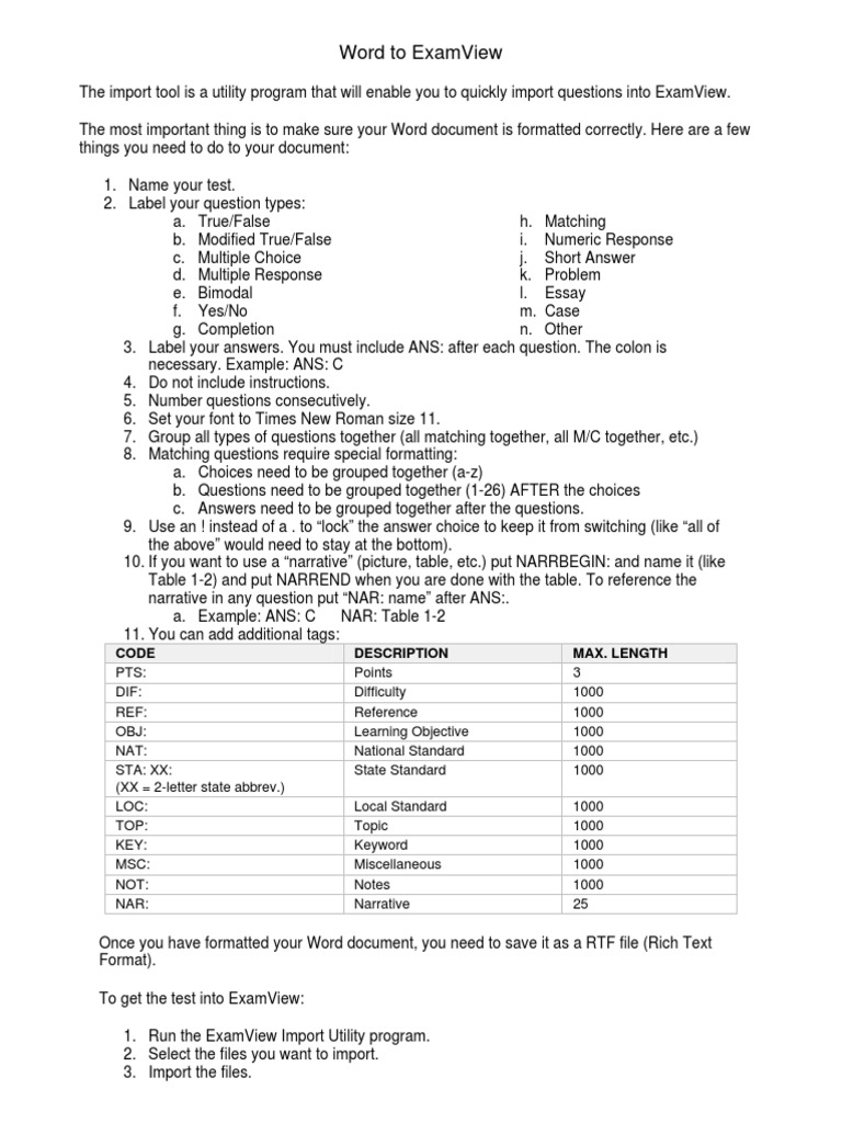 Word To Examview Code Description Max Length Pdf