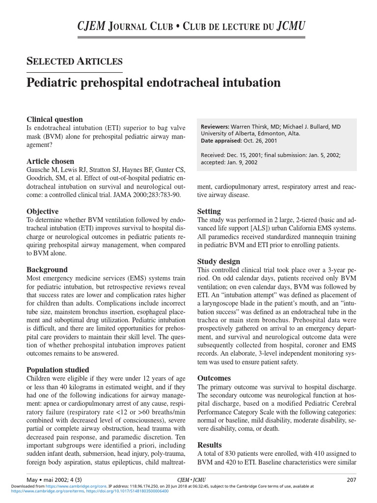 Pediatric Prehospital Endotracheal Intubation | PDF | Emergency Medical ...