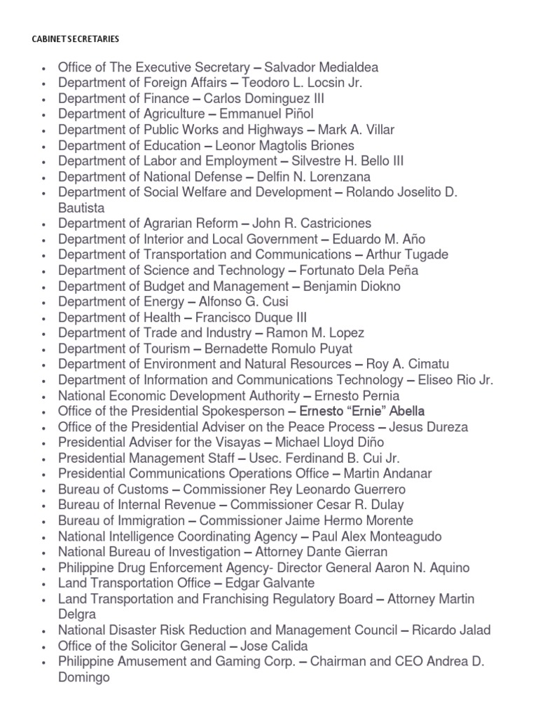 List of Cabinet Secretaries and Agency Heads Under the Duterte ...