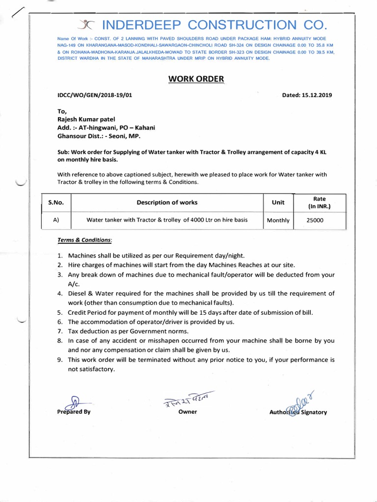 Work Order No. 1 Rajesh Kr. Patel PDF | Download Free PDF | Payments ...