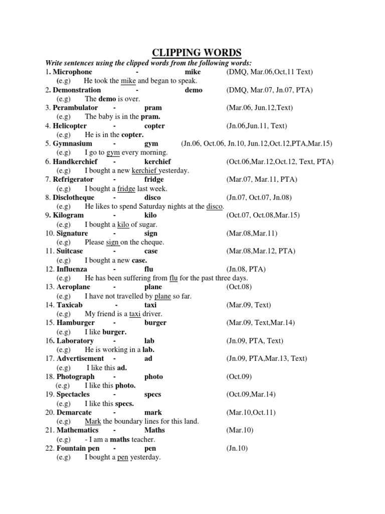 Clipping Words: Write Sentences Using The Clipped Words From The ...