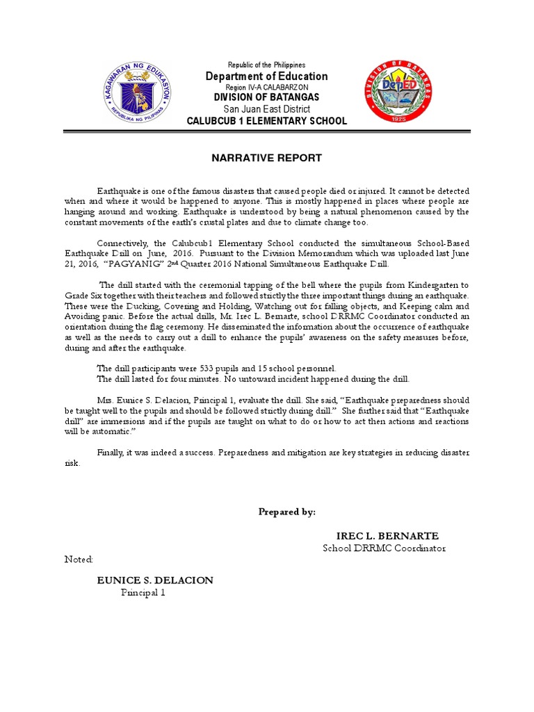 Narrative Report On Earthquake Drill | PDF | Earthquakes | Emergency ...