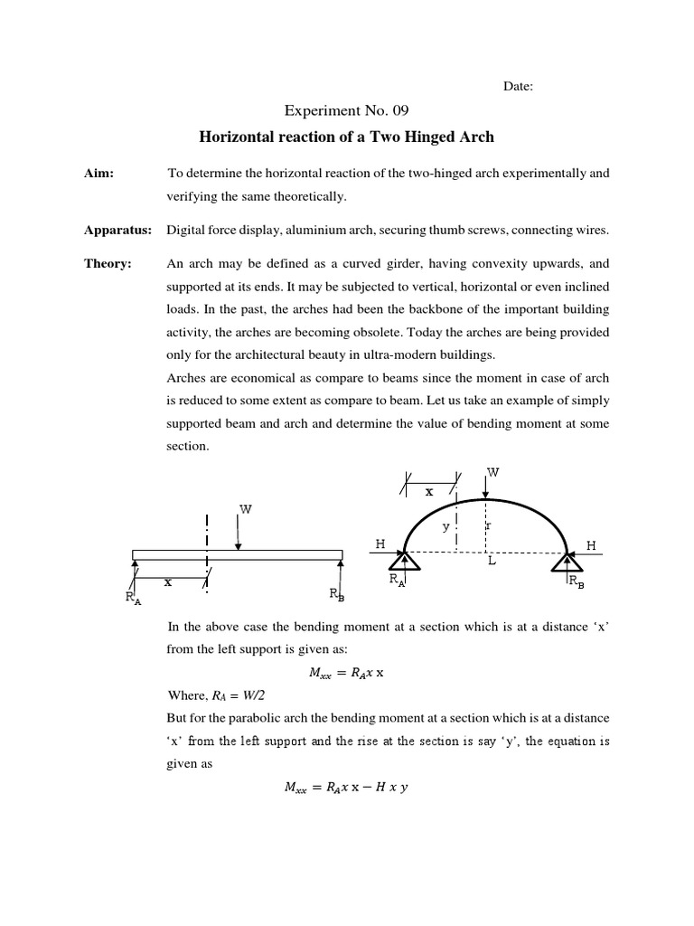Experiment No. 09: Horizontal Reaction of A Two Hinged Arch | PDF | Bending | Beam (Structure)