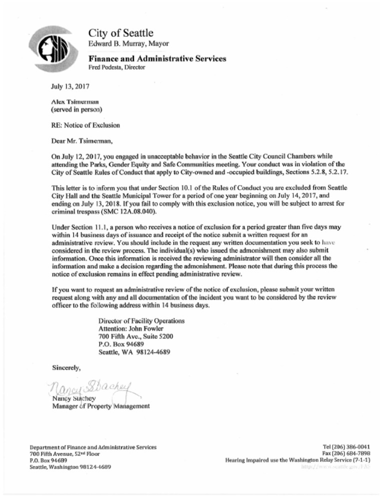 2017-07-13 Alex Tsimerman Exclusion Letter from Seattle City Council ...