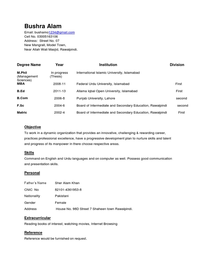 Bushra Alam: Degree Name Year Institution Division | PDF