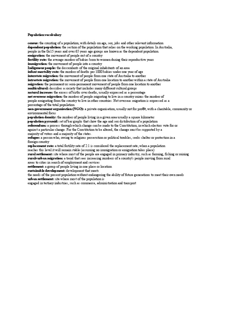 Population Vocabulary | PDF | Human Migration | Australia