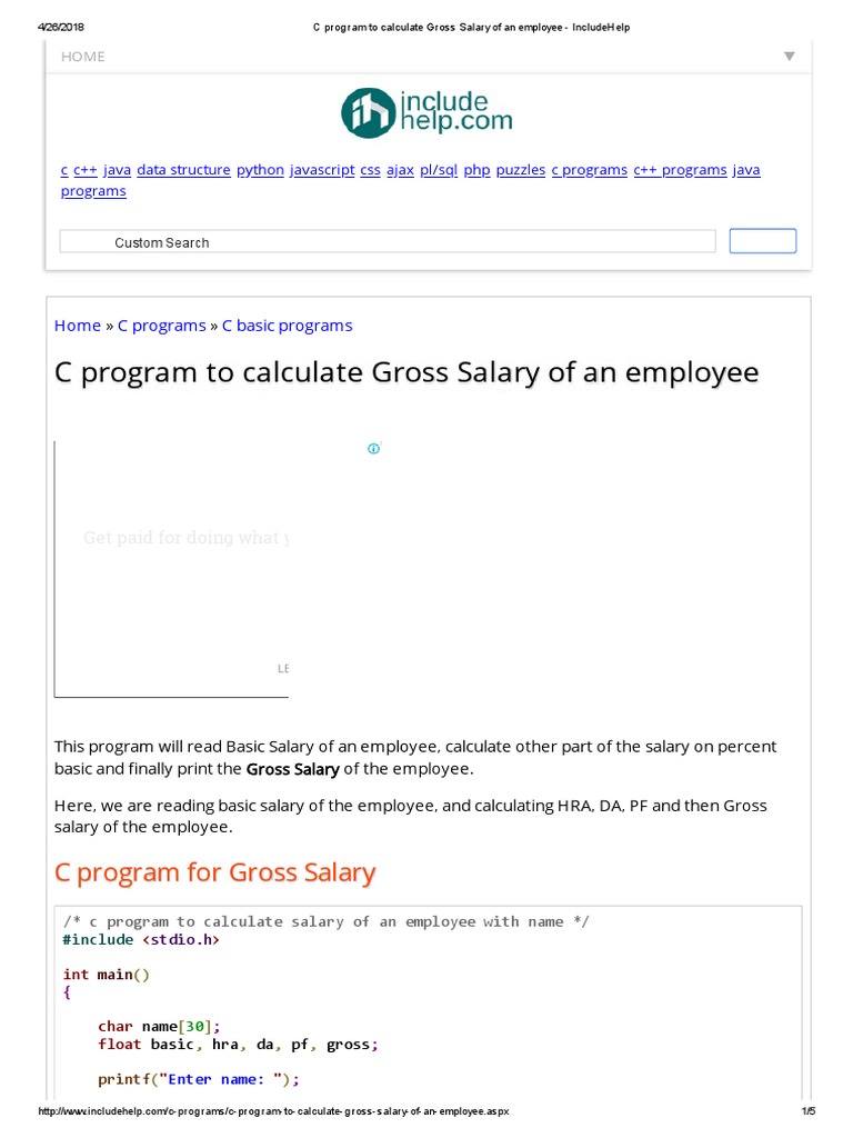 C Program To Calculate Gross Salary Of An Employee Includehelp C Programming Language 