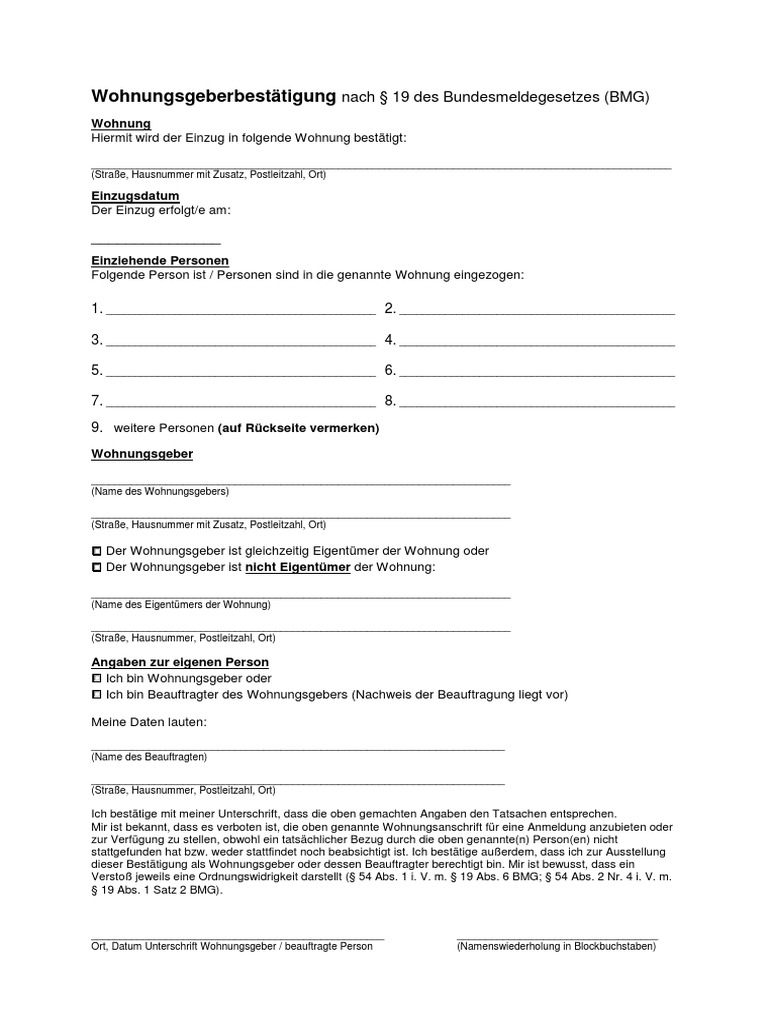 Wohnungsgeberbestaetigung Nach 19 BMG | PDF