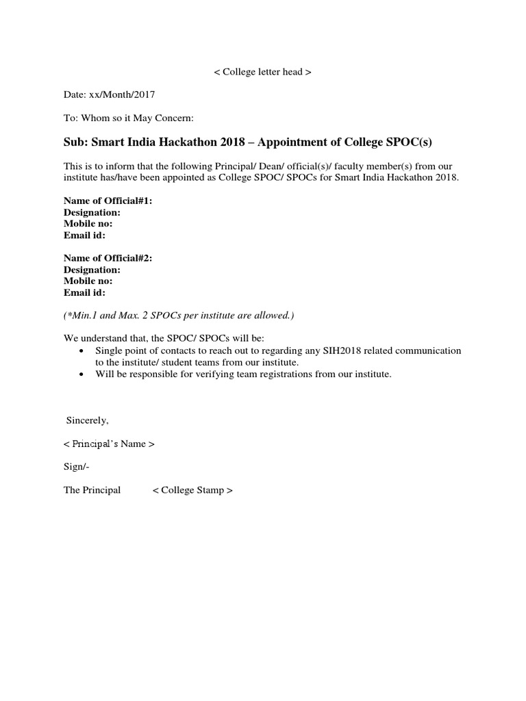 Sub: Smart India Hackathon 2018 - Appointment of College SPOC(s) | PDF
