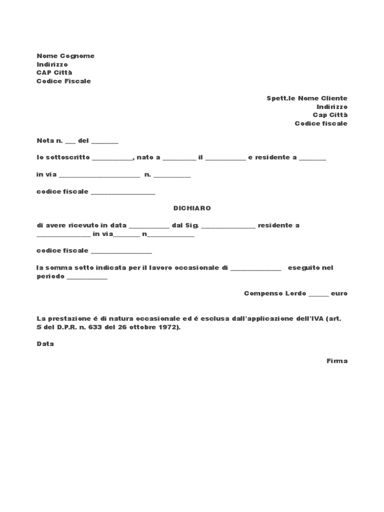 Fac Simile Ricevuta Prestazione Occasionale Tra Privati | PDF