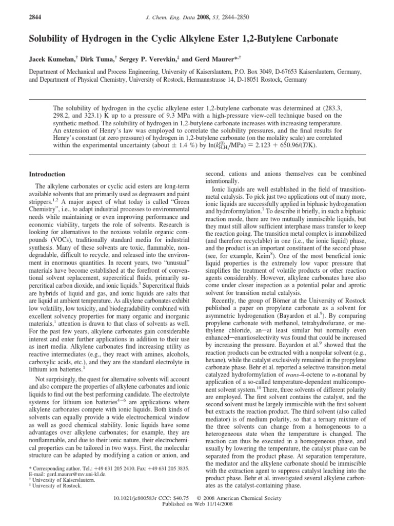 Solubility of Hydrogen in The Cyclic Alkylene Ester 1,2-Butylene ...
