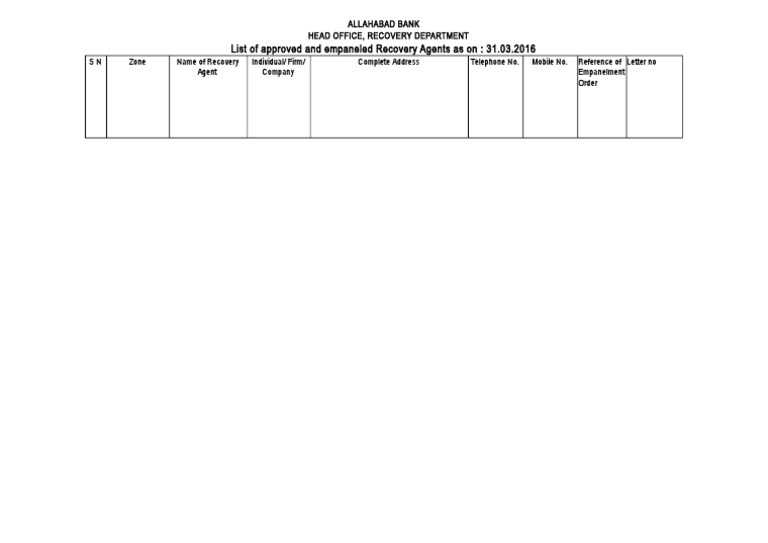 Approved Recovery Agents List 2016 | PDF