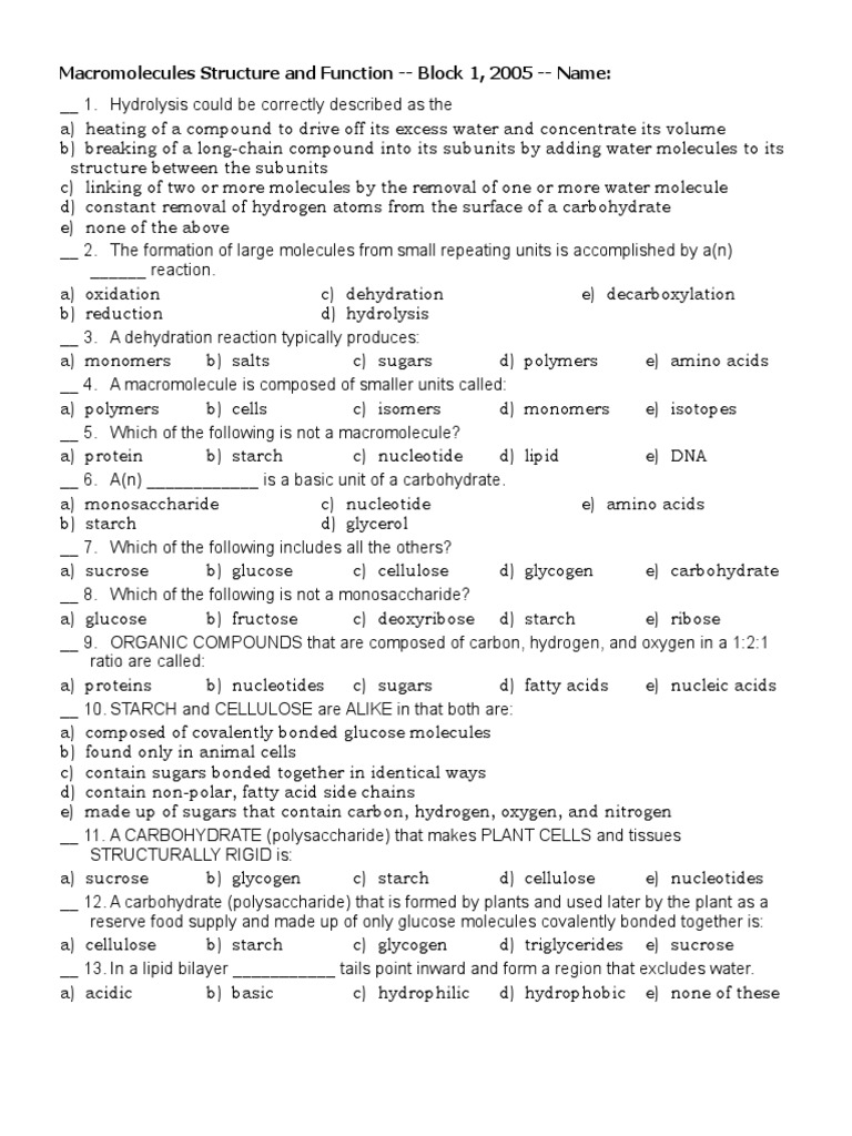 Macromolecules: Structure & Function Quiz | PDF | Carbohydrates ...