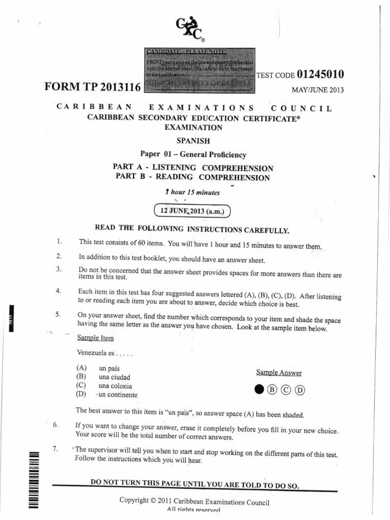 CSEC Spanish June 2013 P1 | Language Mechanics | Linguistics