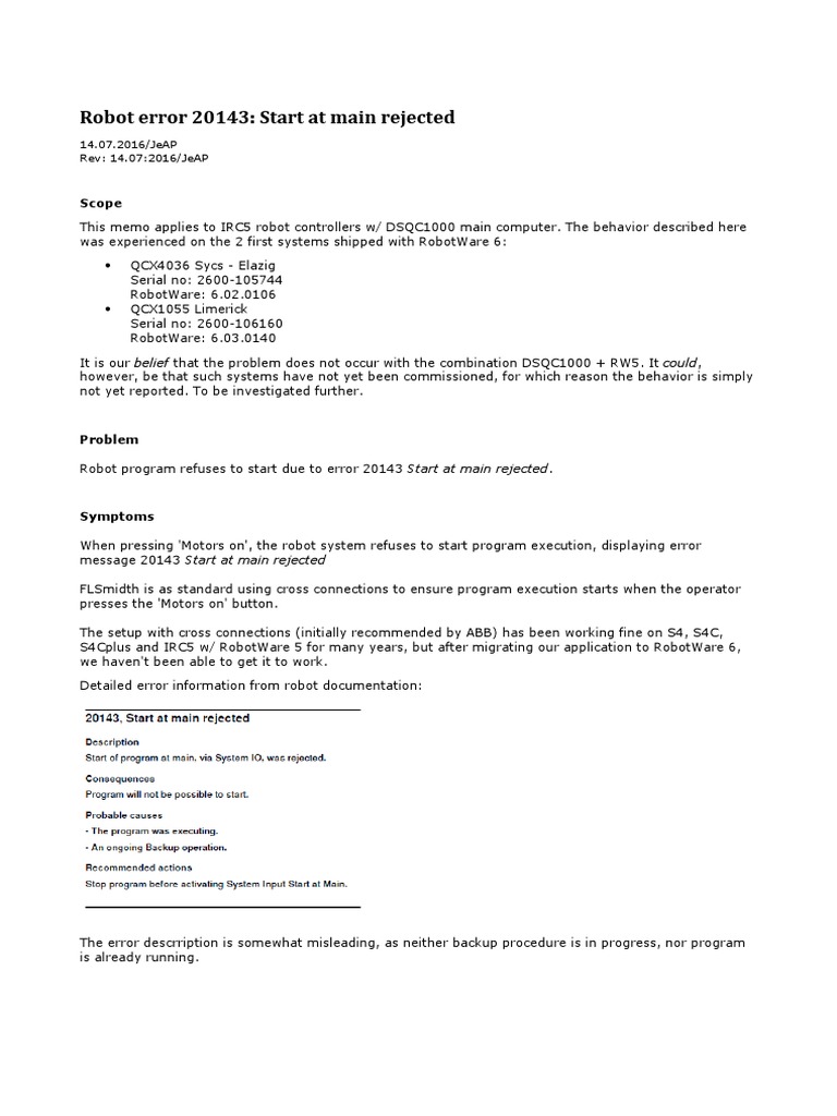 Robot Error 20143 - Start at Main Rejected | PDF | Computer Engineering ...