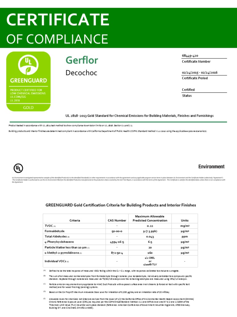Gerflor Certificate | PDF | Volatile Organic Compound | Formaldehyde