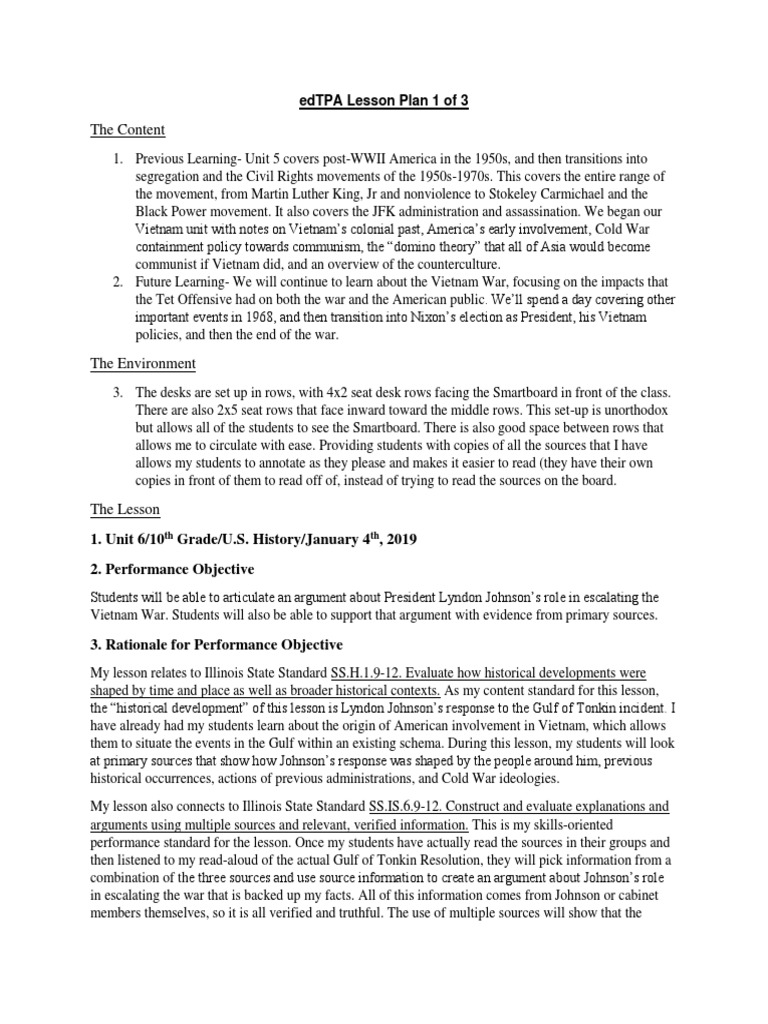 Edtpa Lesson Plans Robert Williams | PDF | Vietnam War | Reading ...