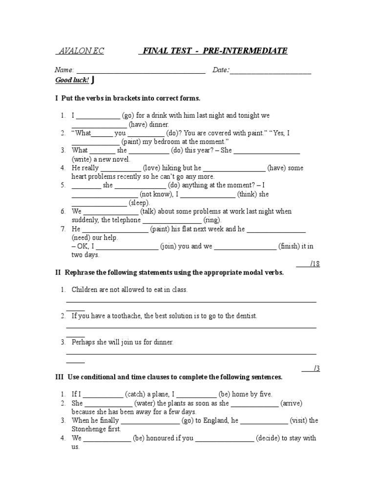 Final Test Pre Intermediate FACE2FACE | PDF | French Fries | Fast Food