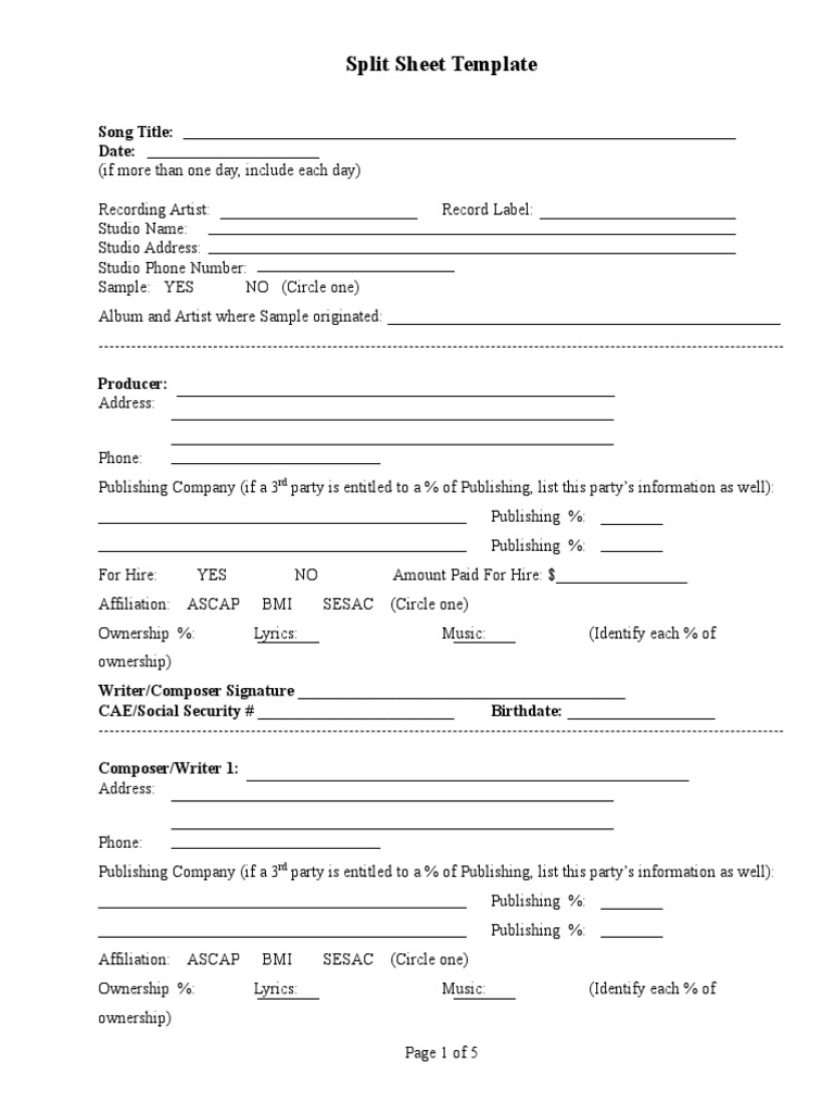 Blank Split Sheet Template Pdf Albums Cultural Economics