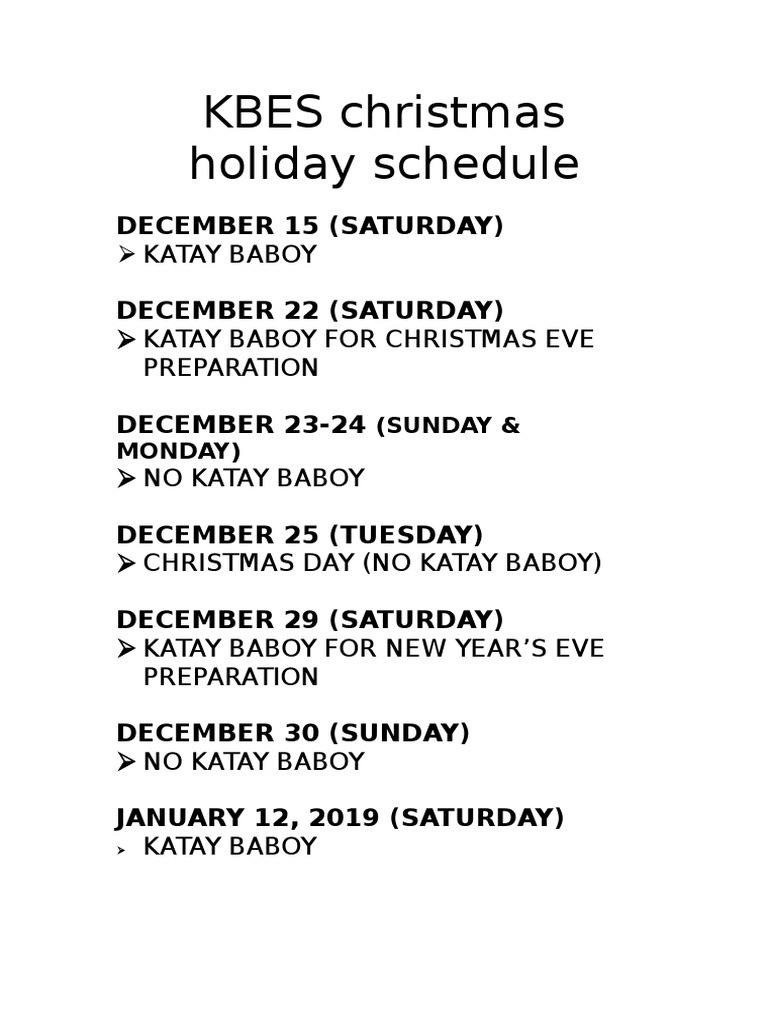 KBES Christmas Holiday Schedule | PDF