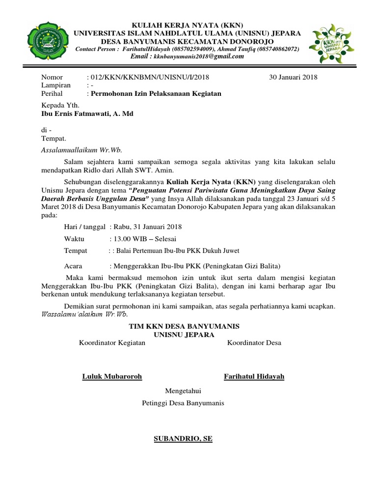 Surat PKK (Surat Ijin Sosialisasi Di Sekolah Mi Program KKN) | PDF