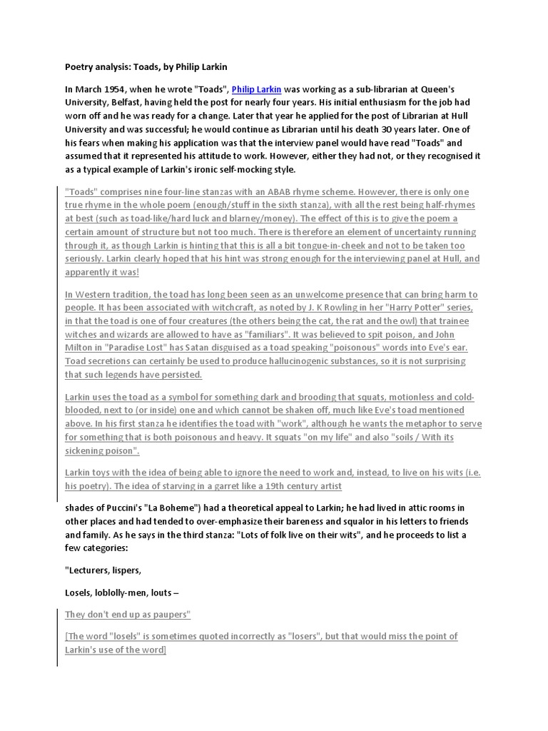 Poetry Analysis Toads Philip Larkin | PDF | Poetry