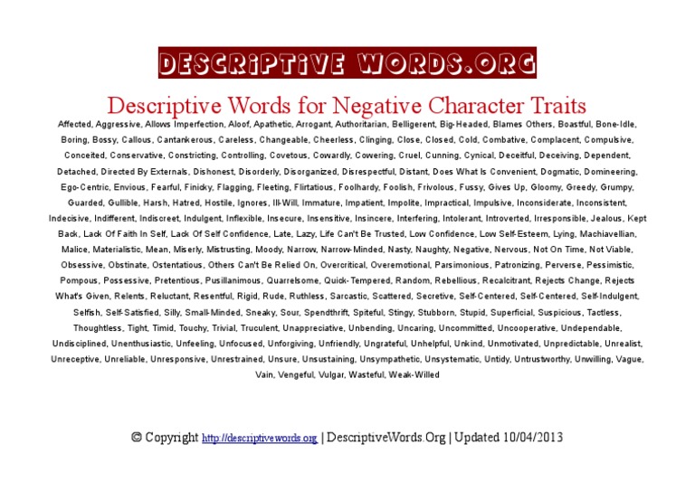 Descriptivewords For Negative Character Traits | PDF | Personality ...