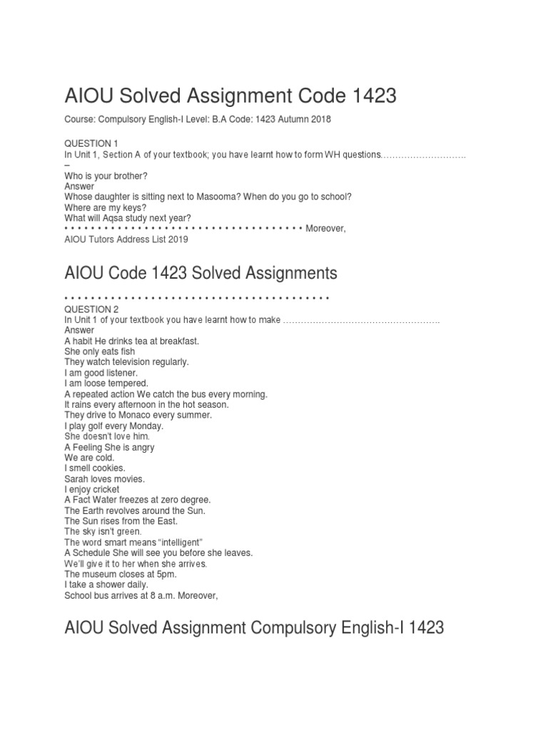 AIOU Solved Assignment Code 1423 | PDF | English Language