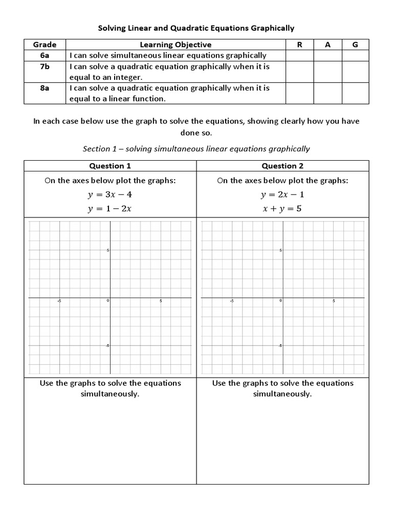 Solving Linear And Quadratic Equations Graphically Questions Pdf Equations Quadratic Equation