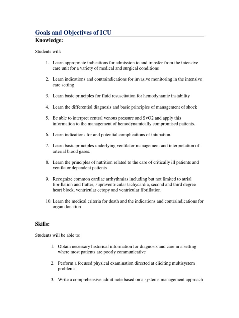 Goals and Objectives of ICU-1 | PDF | Intensive Care Medicine ...