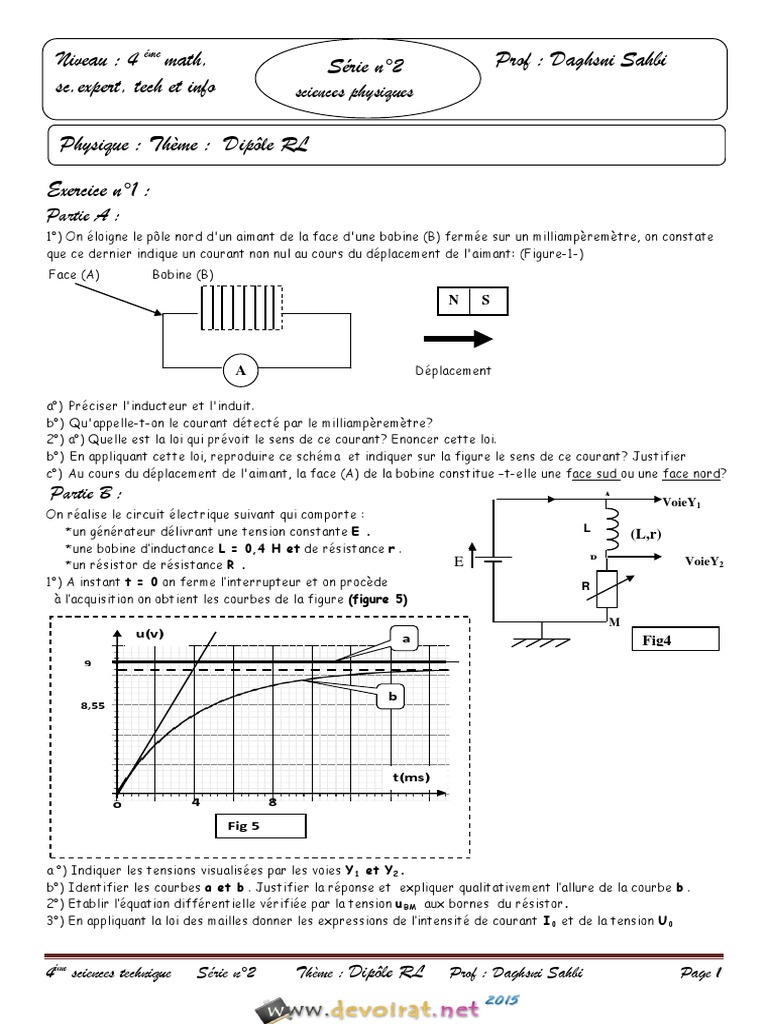 Série D'exercices N°2 - Sciences Physiques LA BOBINE ET LE DIPOLE RL ...