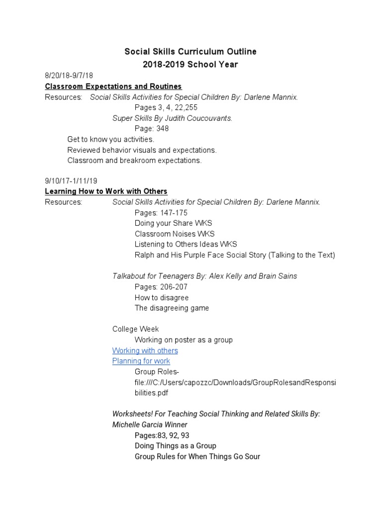 Social Skills Outline 18-19 | PDF