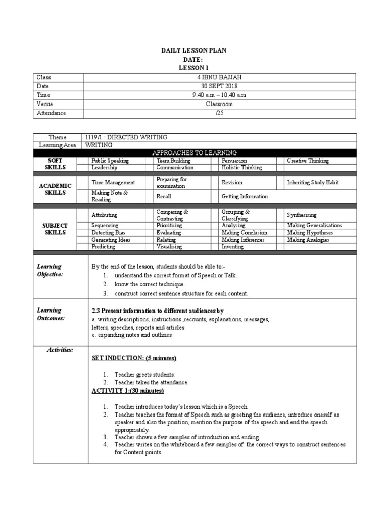 Daily Lesson Plan F4 | PDF | Lesson Plan | Learning