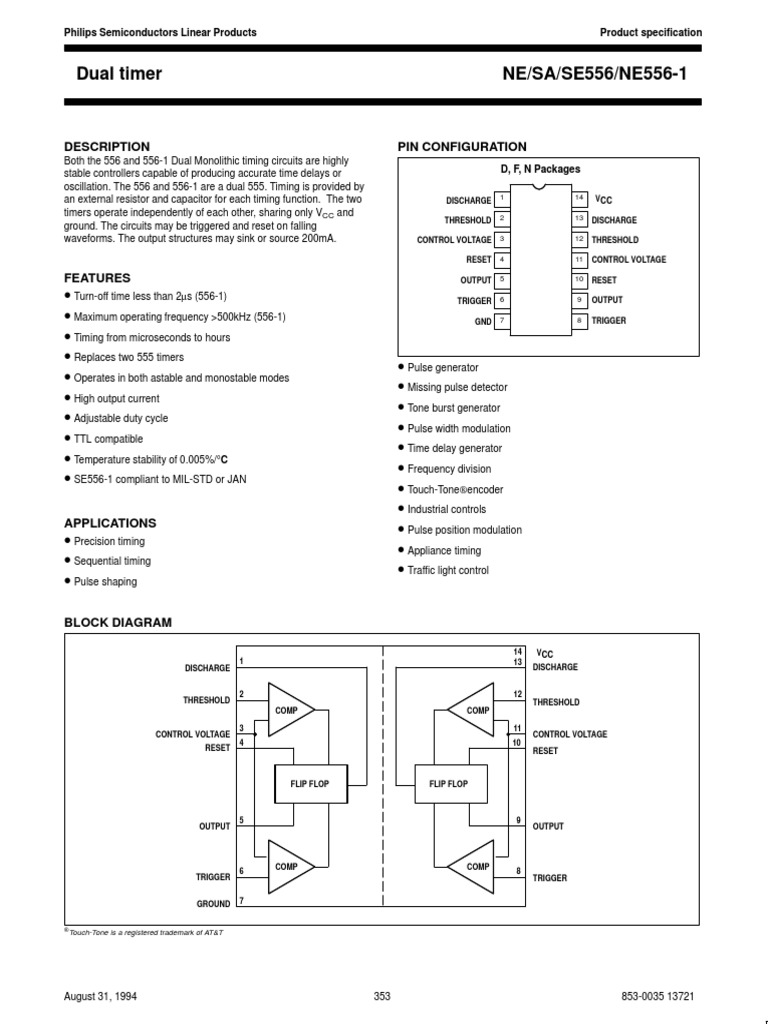 Dual Timer NE/SA/SE556/NE556-1 | PDF | Electronic Engineering | Electronics