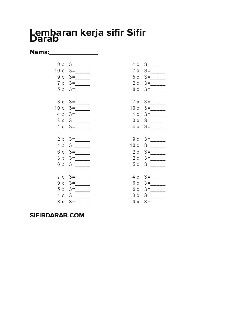 Lembaran Kerja Sifir Darab Boleh Cetak Lembaran Kerja Matematik Pdf