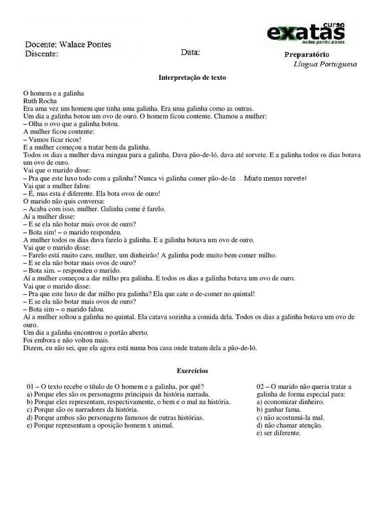 A galinha que botava ovos de ouro e o homem avarento | PDF | Frango
